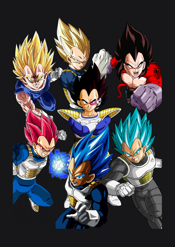 T-Shirt Estonada Vegeta todos SSJS em BRUTOS FAMILY